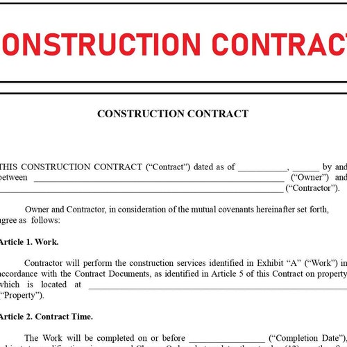 Simple Construction Contract Template Construction Handyman - Etsy