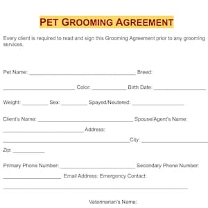 Pet Client Grooming Agreement / Dog Salon Contract / Cat Grooming ...