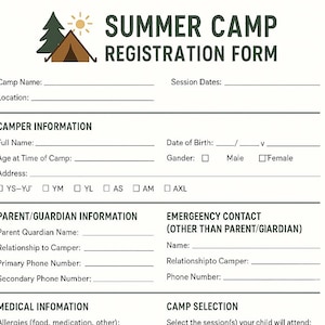 Summer Camp Registration Form Printable - Kids Summer Camp Form Sign up Sheet - Camper Info ...