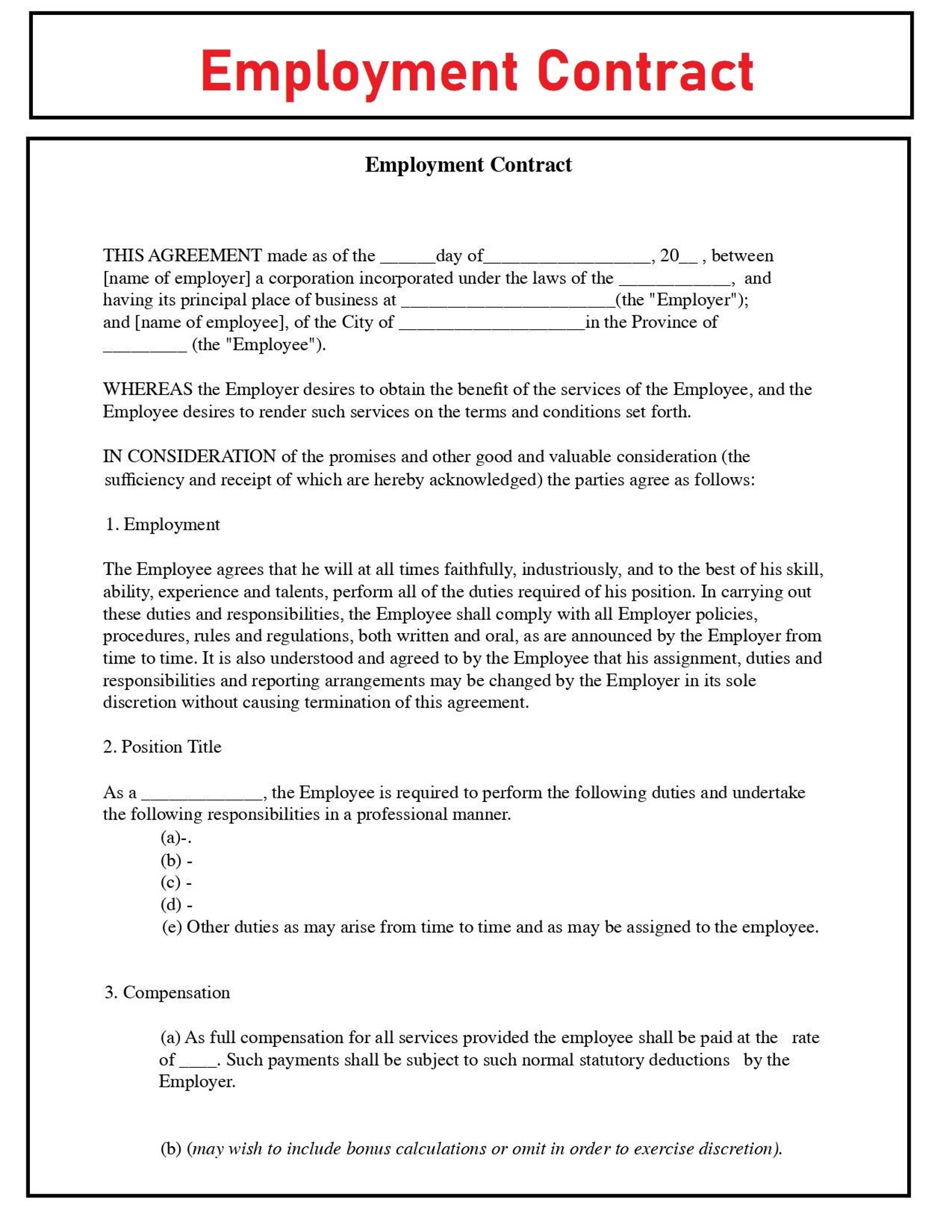 Employment Contract Agreement - Employment Service Contract Template ...