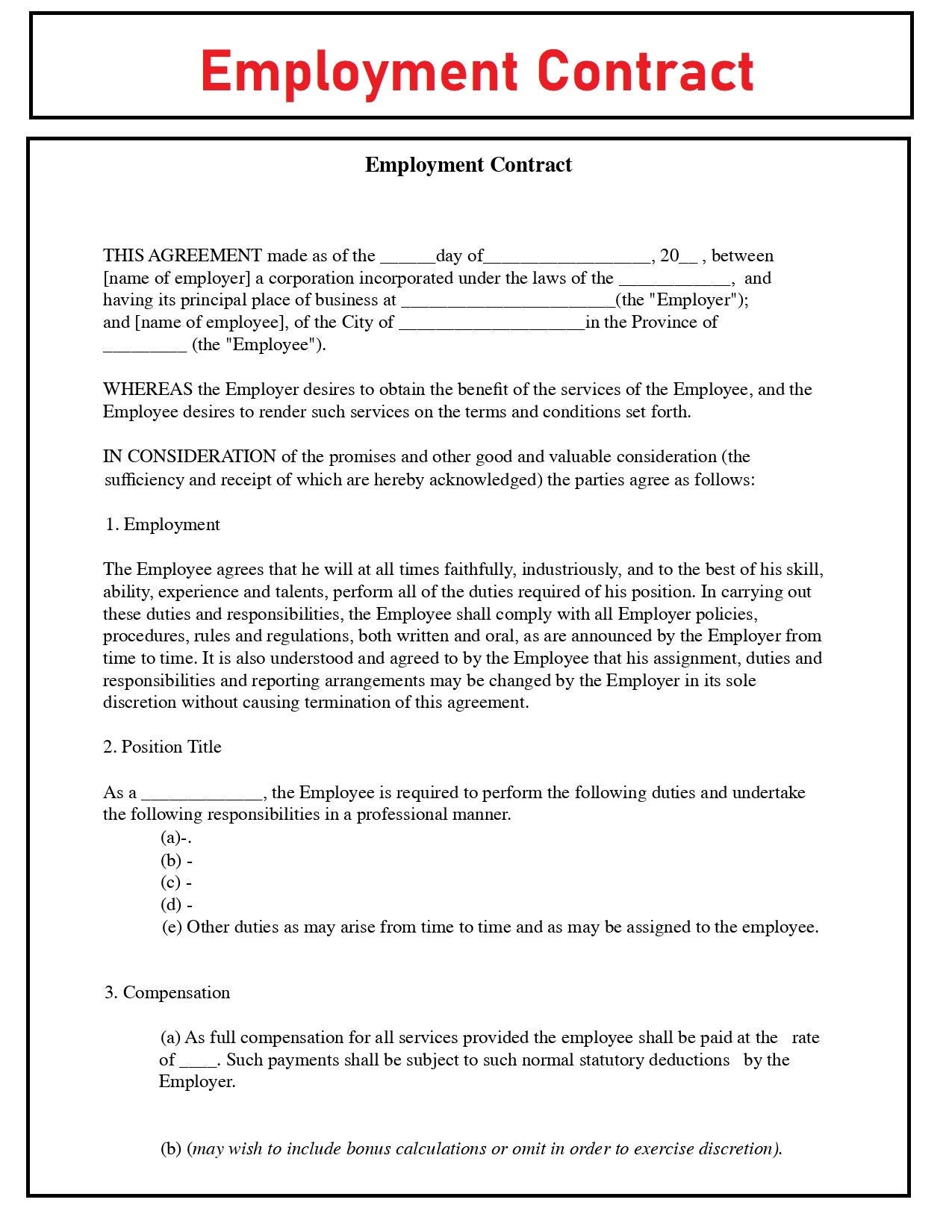 Employment Contract Agreement Employment Service Contract Etsy Singapore