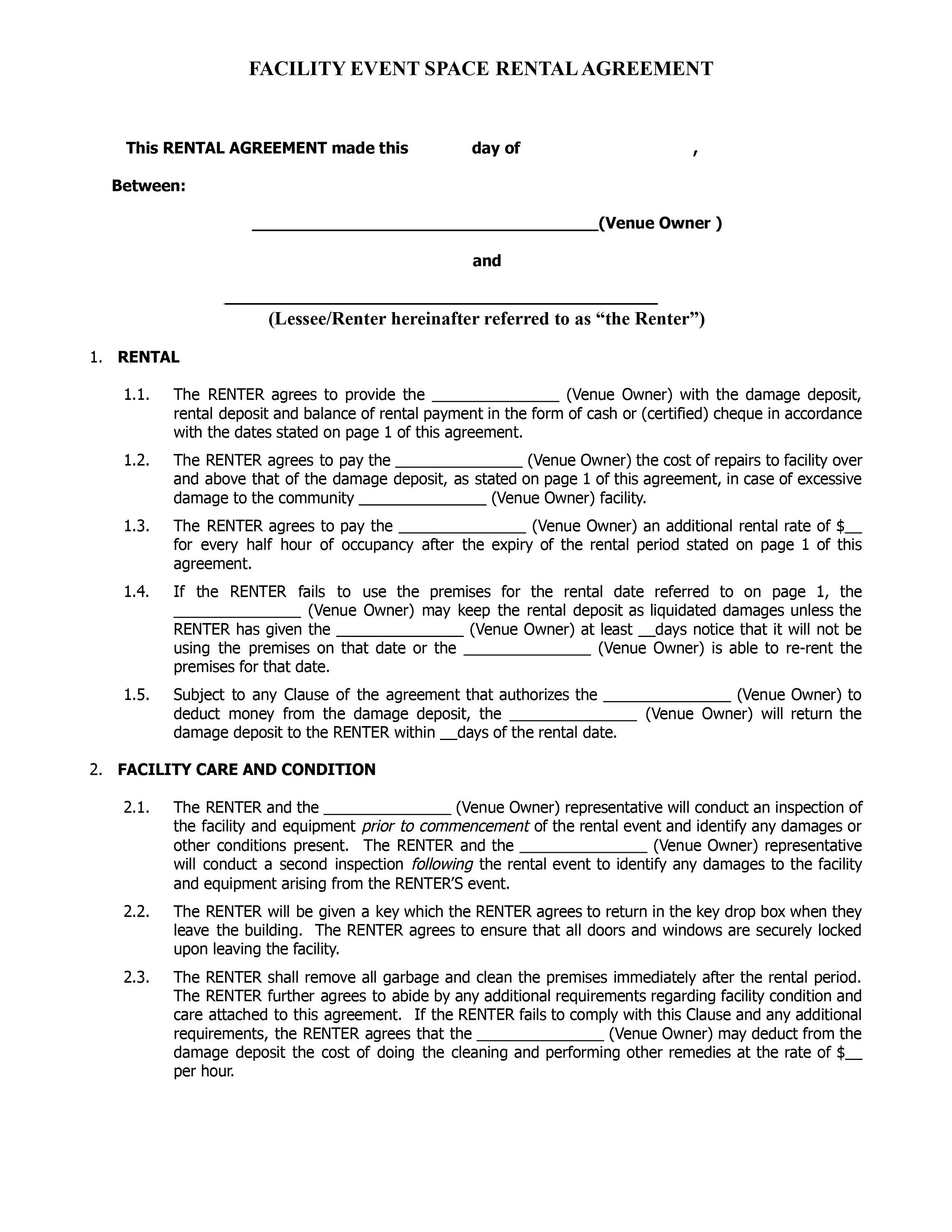 Facility Event Space Rental Agreement - Venue Rental Contract - Event ...