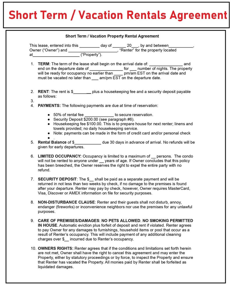 Short Term Rental Agreement Vacation Rental Agreements - Etsy