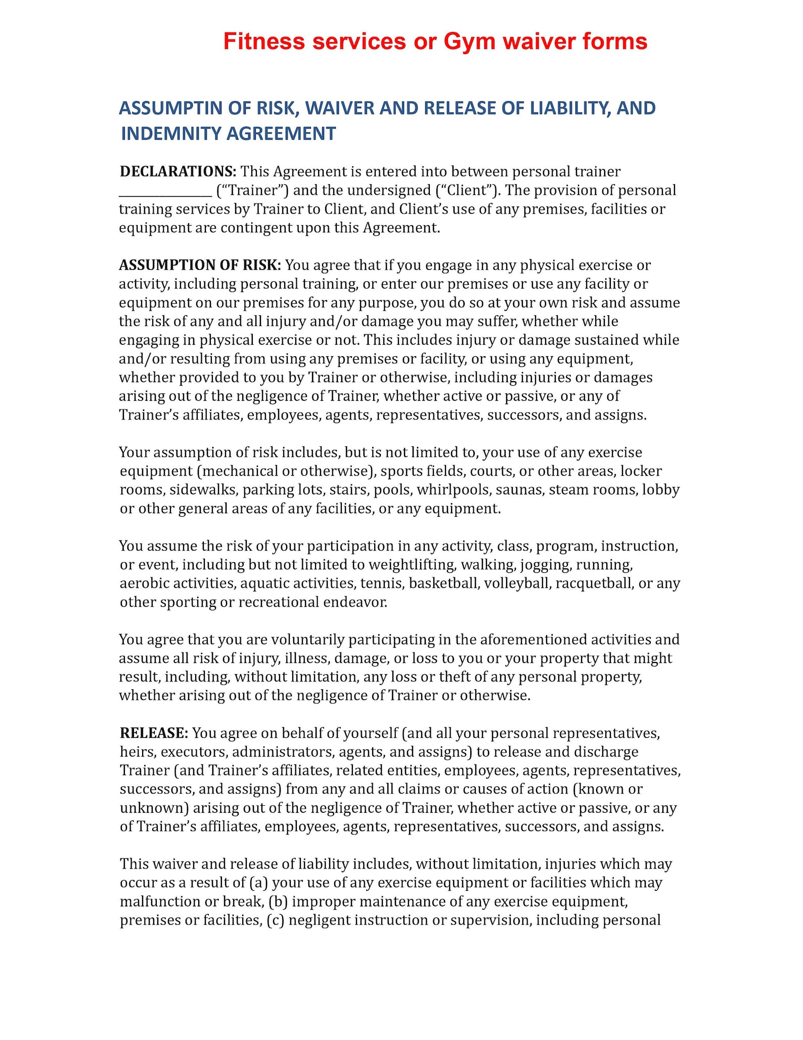 Fitness Services Waiver Template Gym Services Waiver Forms - Etsy