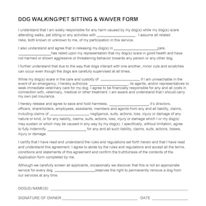 Pet Sitting Waiver Form - Pet Sitting Release Form - Dog Walking and ...