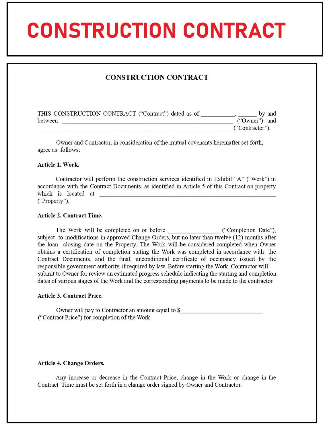 Construction Contract Construction Template Handyman - Etsy