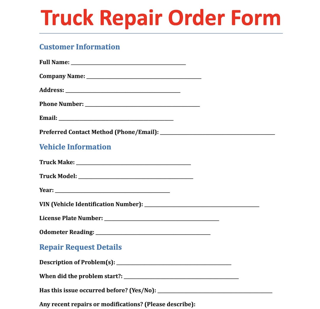 Truck Repair Request Form - Truck Maintenance and Service Request Form ...