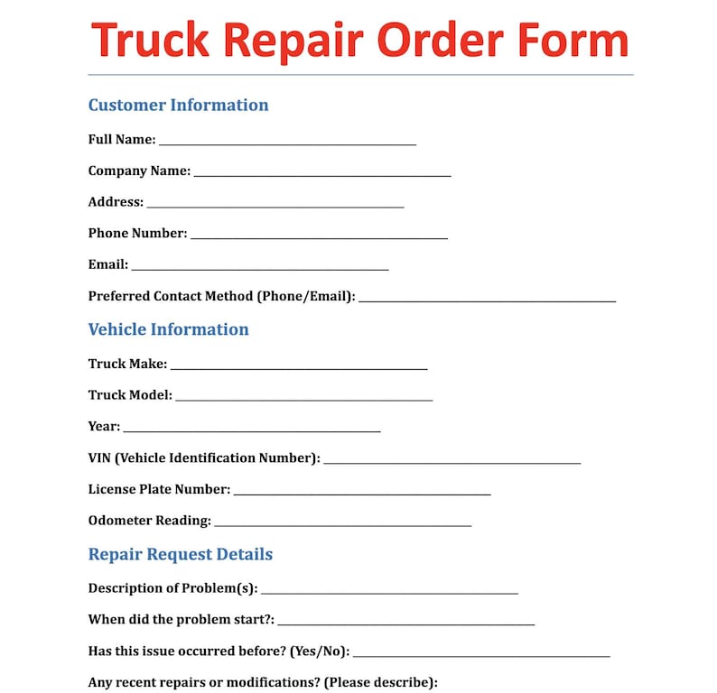 Truck Repair Request Form - Truck Maintenance and Service Request Form ...