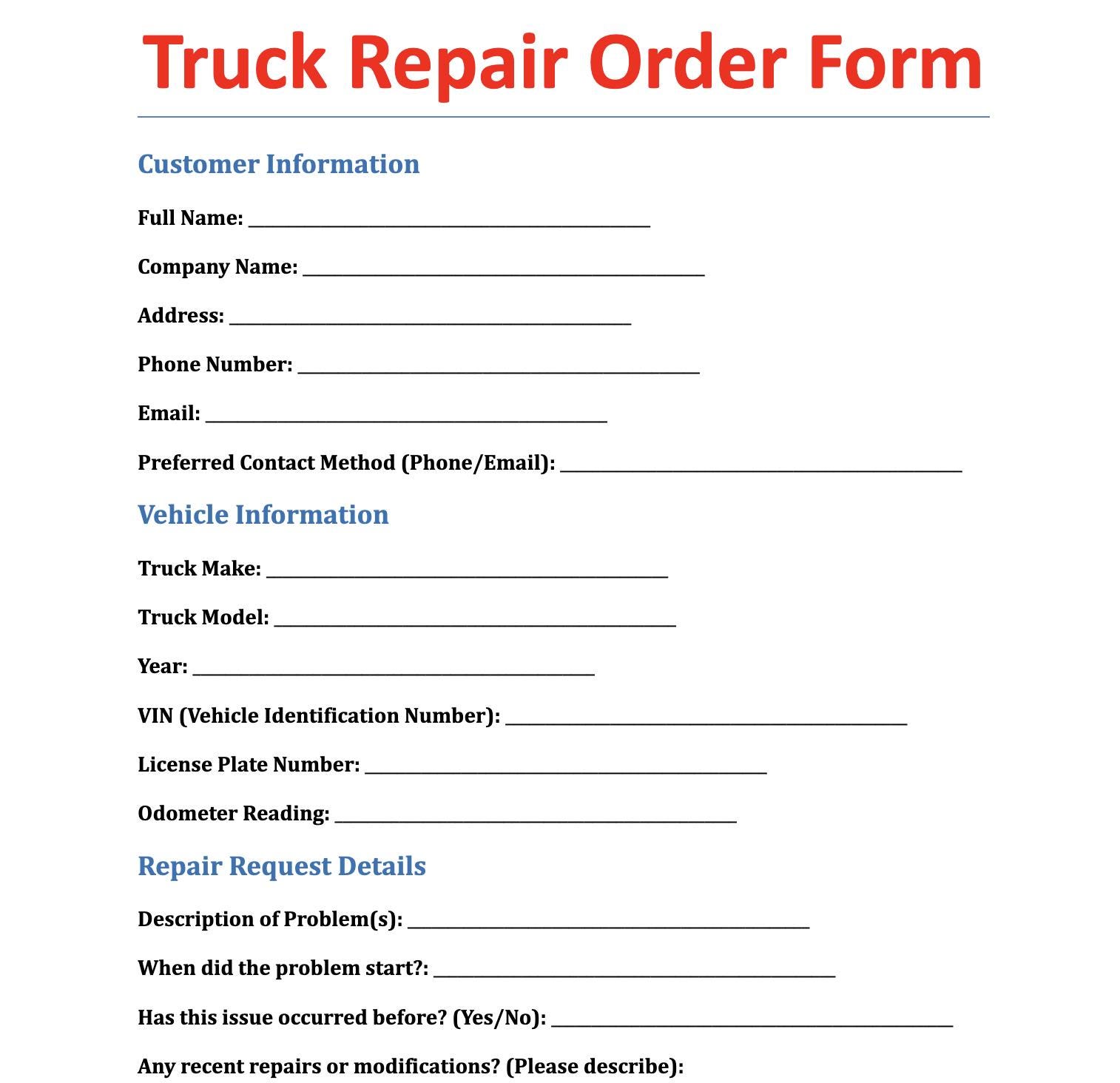 Truck Repair Request Form - Truck Maintenance and Service Request Form ...