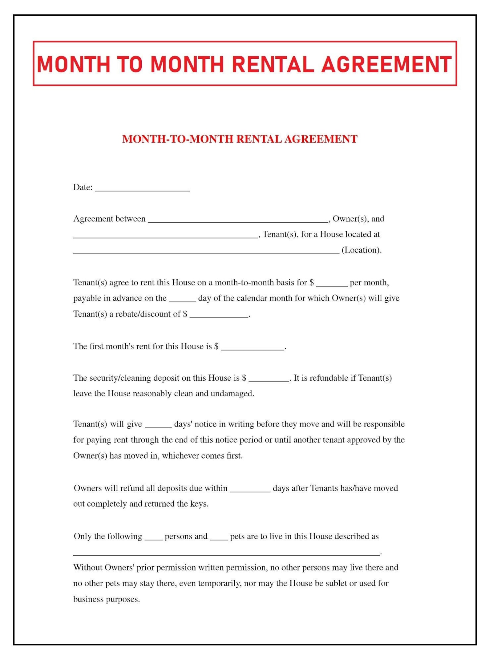 Month to Month Rental Agreement Monthly Rental Agreement - Etsy Canada