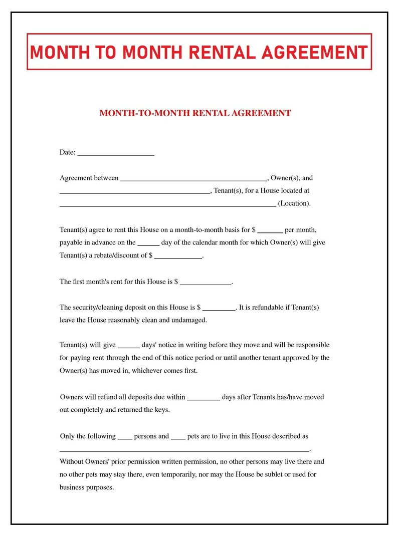 Month to Month Rental Agreement - Monthly Rental Agreement - Month to ...