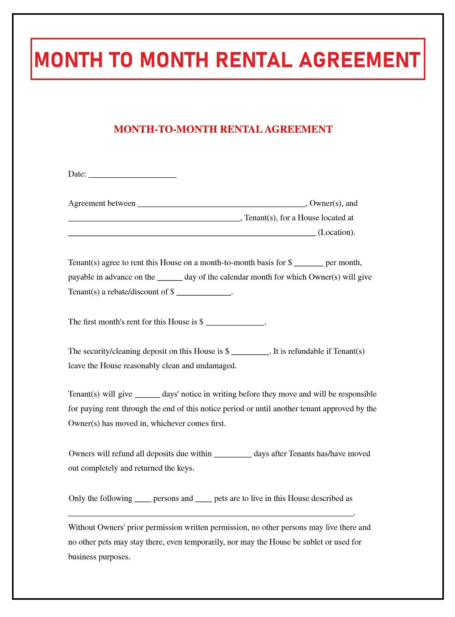 Month To Month Rental Agreement Monthly Rental Agreement Etsy Canada