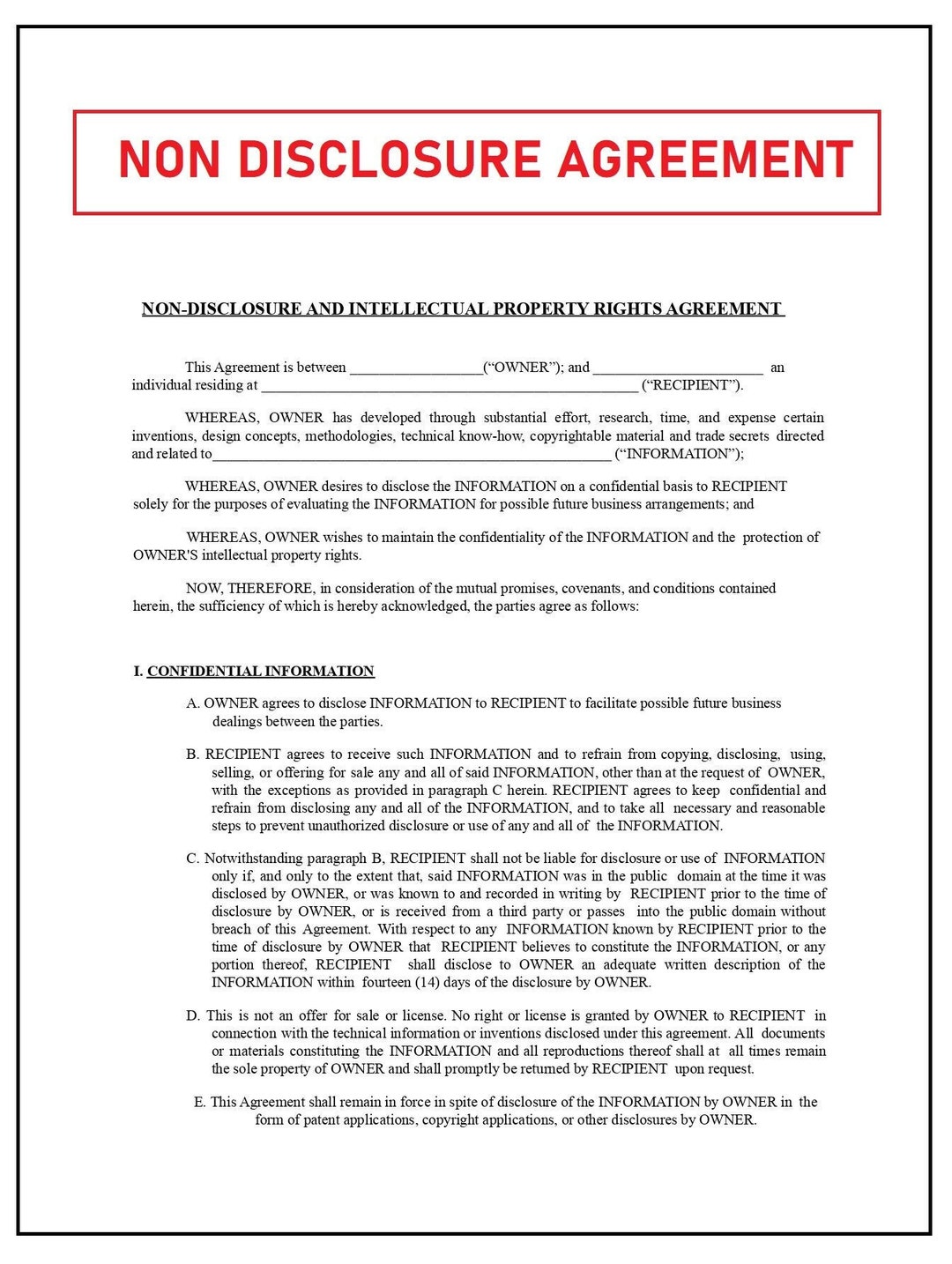 Non Disclosure Agreement Template NDA Forms NDA Template Fillable PDF 