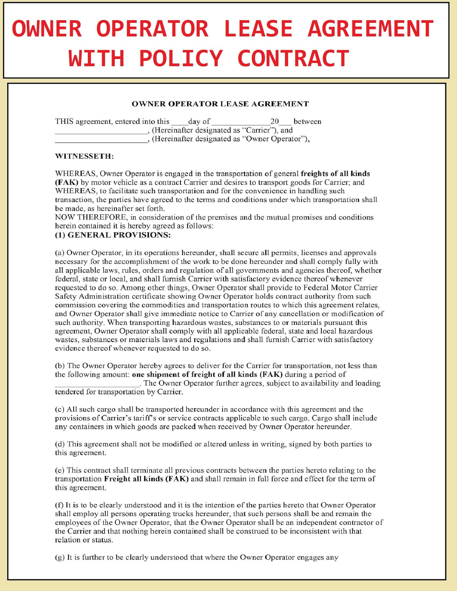 Owner Operator Lease Agreement With Policy Contract - Owner Operator ...