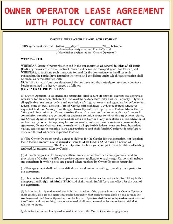 Owner Operator Lease Agreement With Policy Contract Owner - Etsy