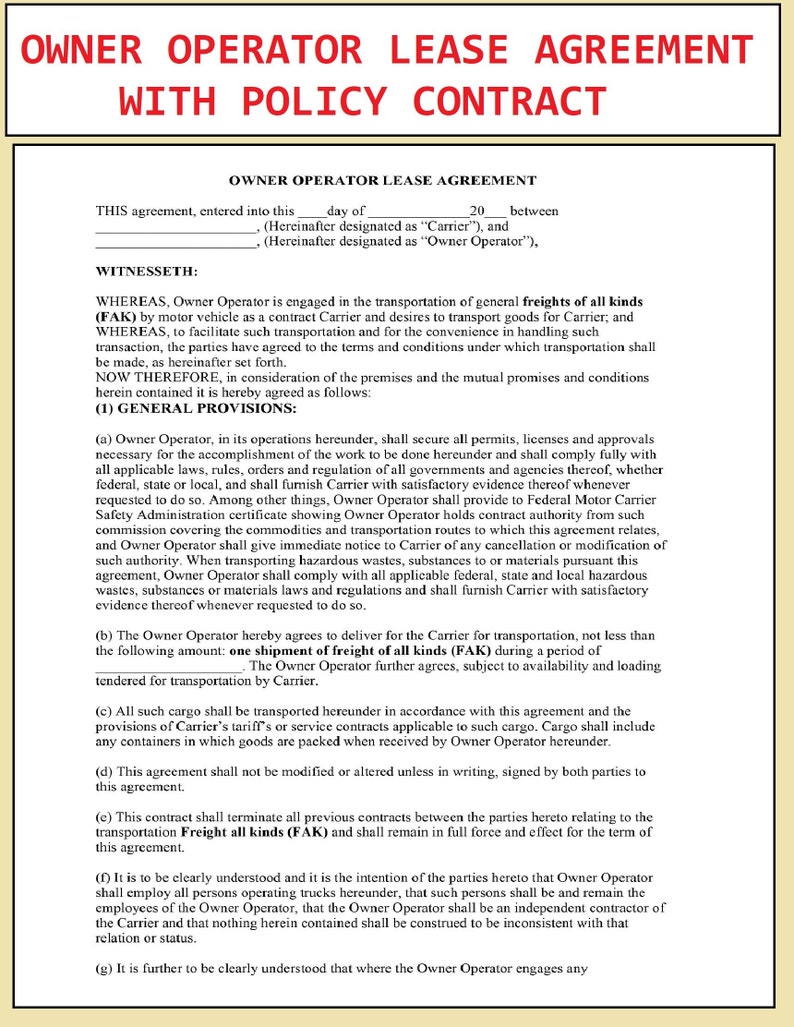 Owner Operator Lease Agreement With Policy Contract - Owner Operator ...