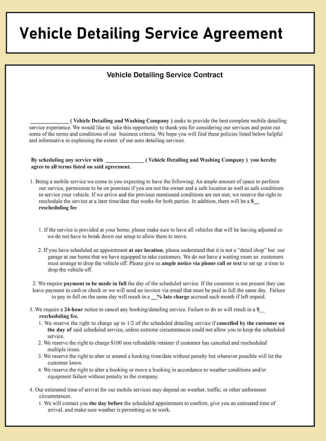 Vehicle Detailing Services Agreement - Vehicle Washing and Detailing ...