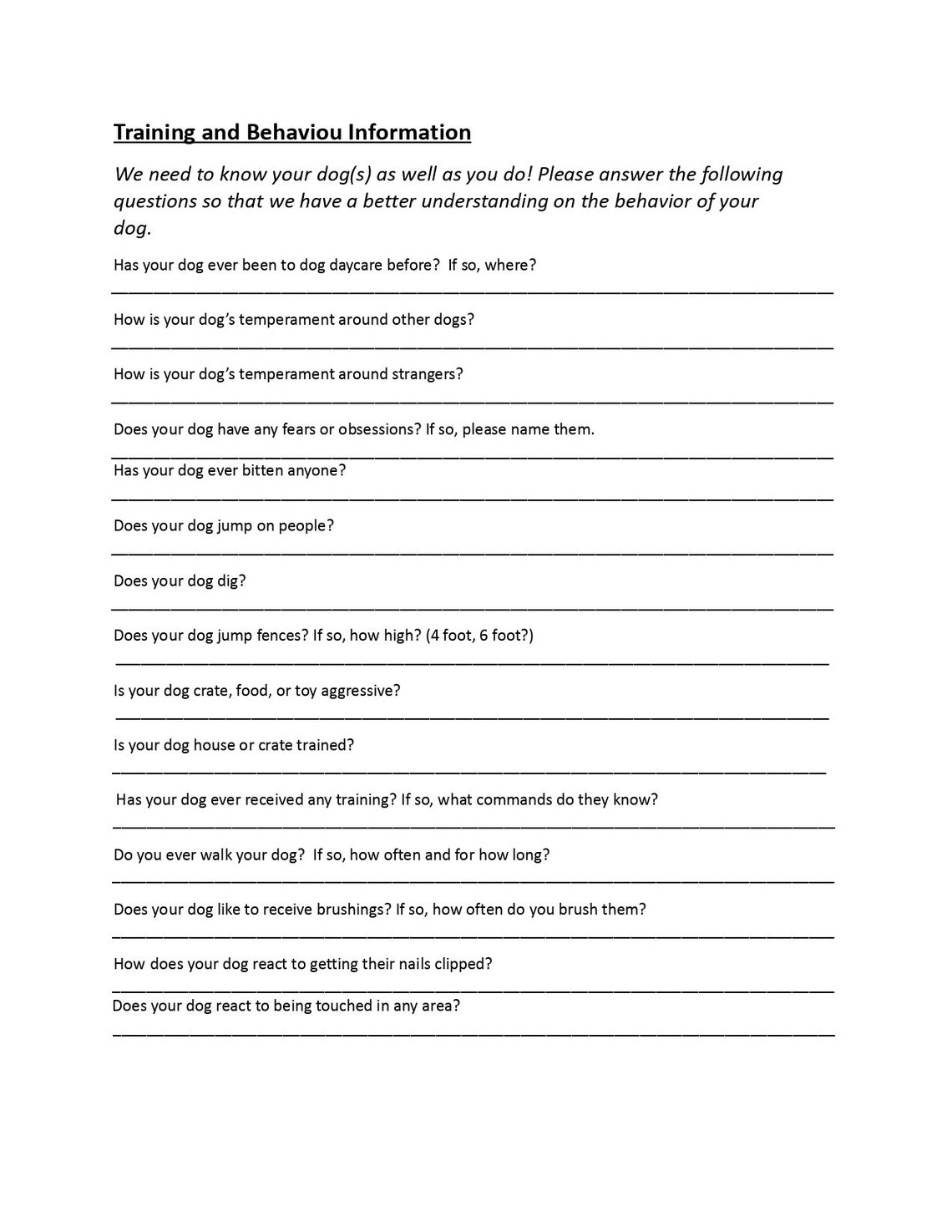 Dog Care Registration Form - Pet Boarding Forms - Dog Sitters and ...