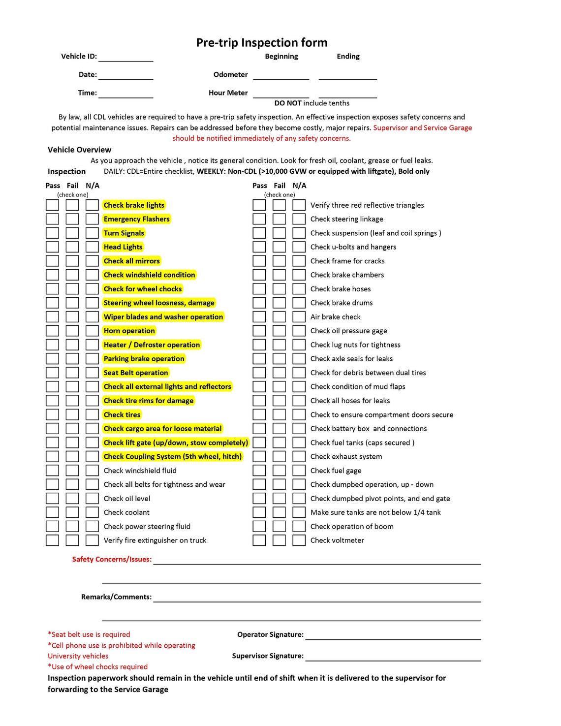 Visual Vehicle Inspection Report - Vehicle Inspection Worksheet ...
