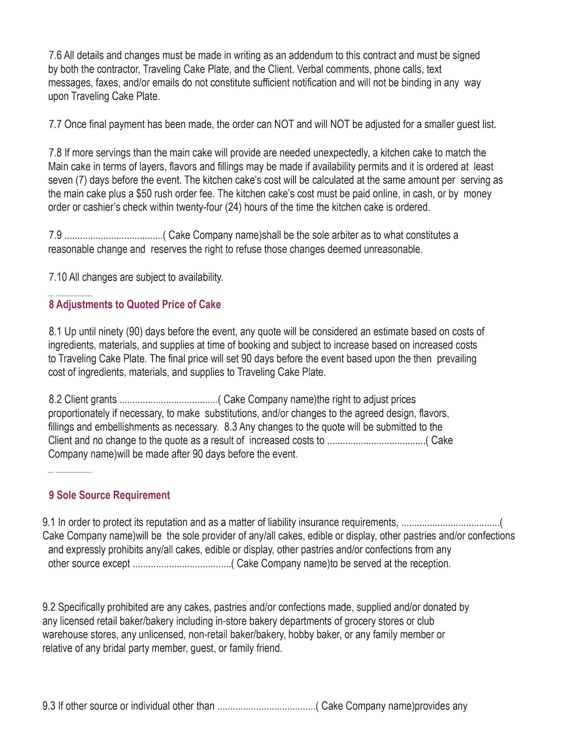 Wedding Cake Contract Template Editable Bakery Client - Etsy