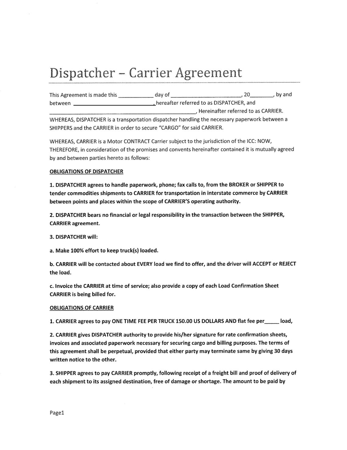 Freight Dispatch Carrier Contract - Freight Dispatcher Contract ...