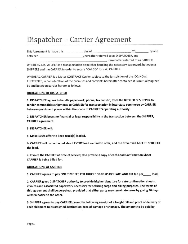 Freight Dispatch Carrier Contract - Freight Dispatcher Contract ...