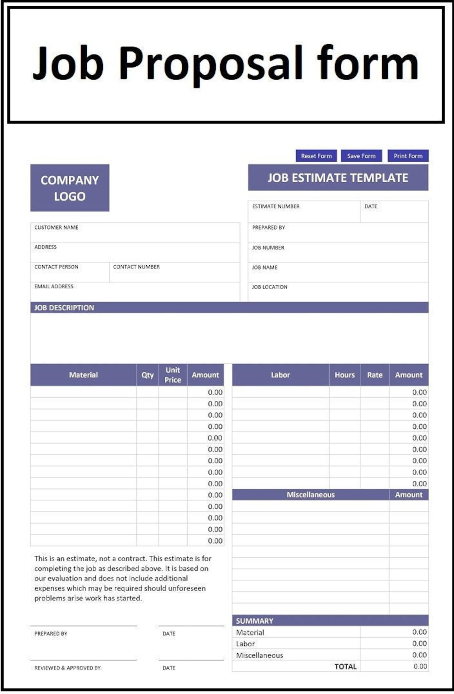 Job Proposal & Contract Form - Job Proposal Form - Job Estimation