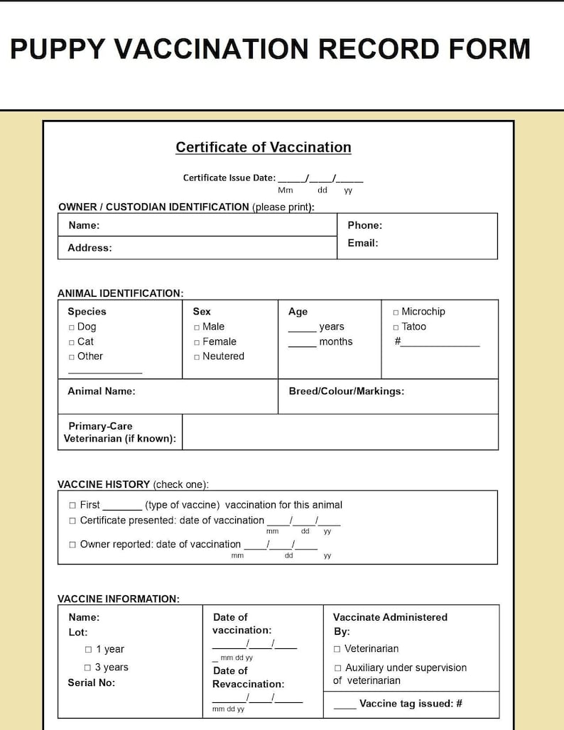 Pet Vaccination Record Template - Puppy Vaccination Record Form - Dog ...