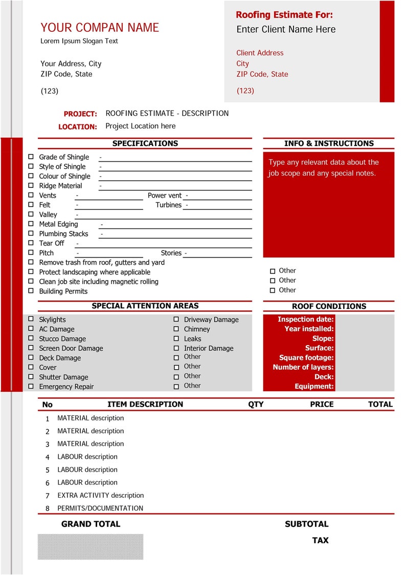 Roofing Proposal Template - Roofing Estimation Form - Roofing Job ...