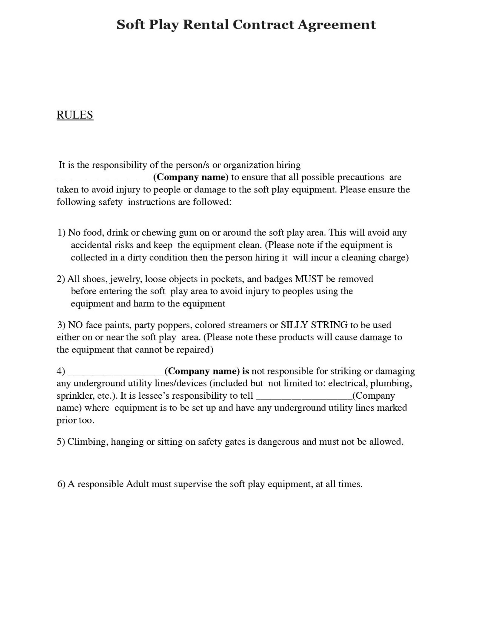 Soft Play Rental Contract Agreement - Editable Word and PDF Files - 6 ...