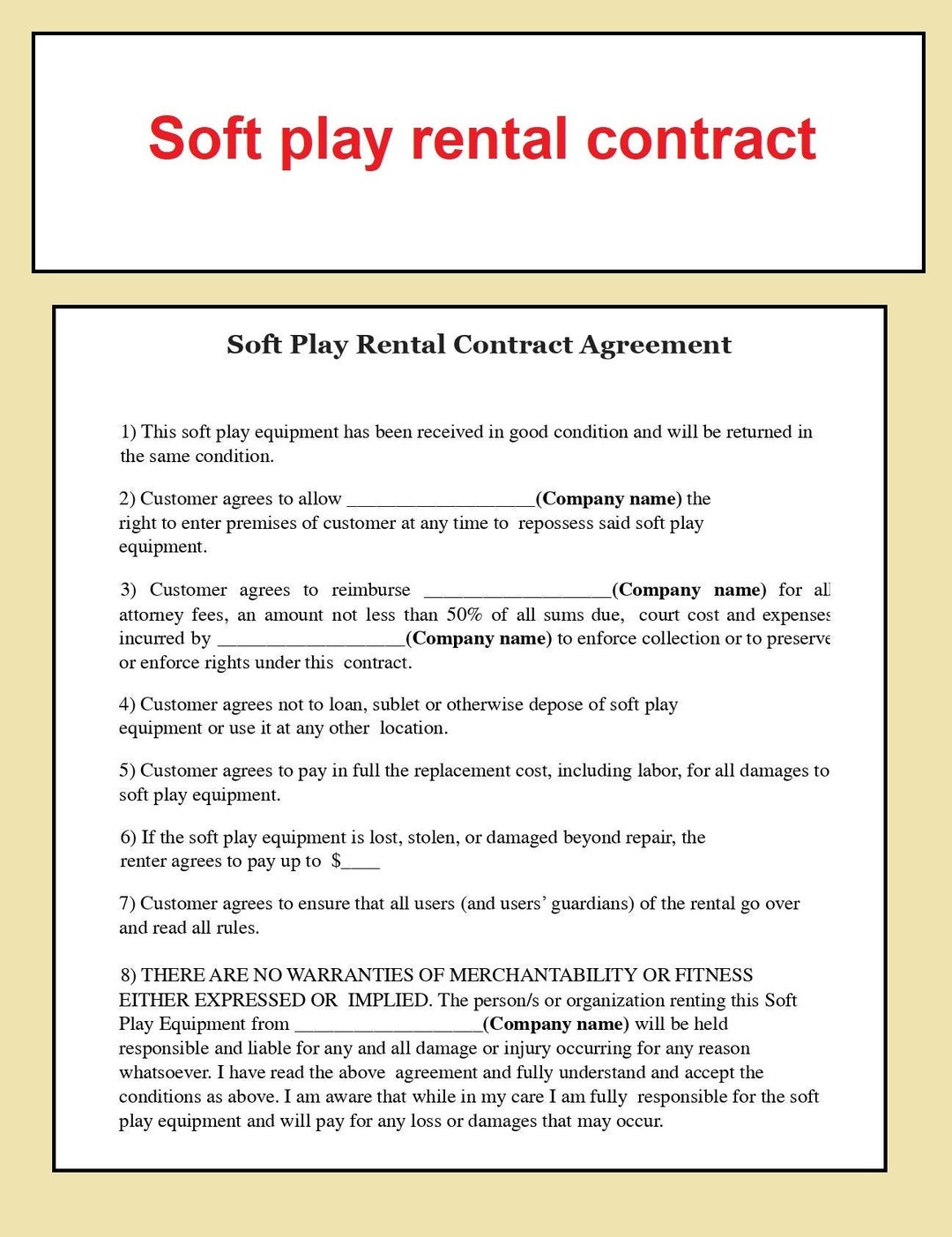 Soft Play Rental Contract Agreement - Editable Word and PDF Files - 6 ...