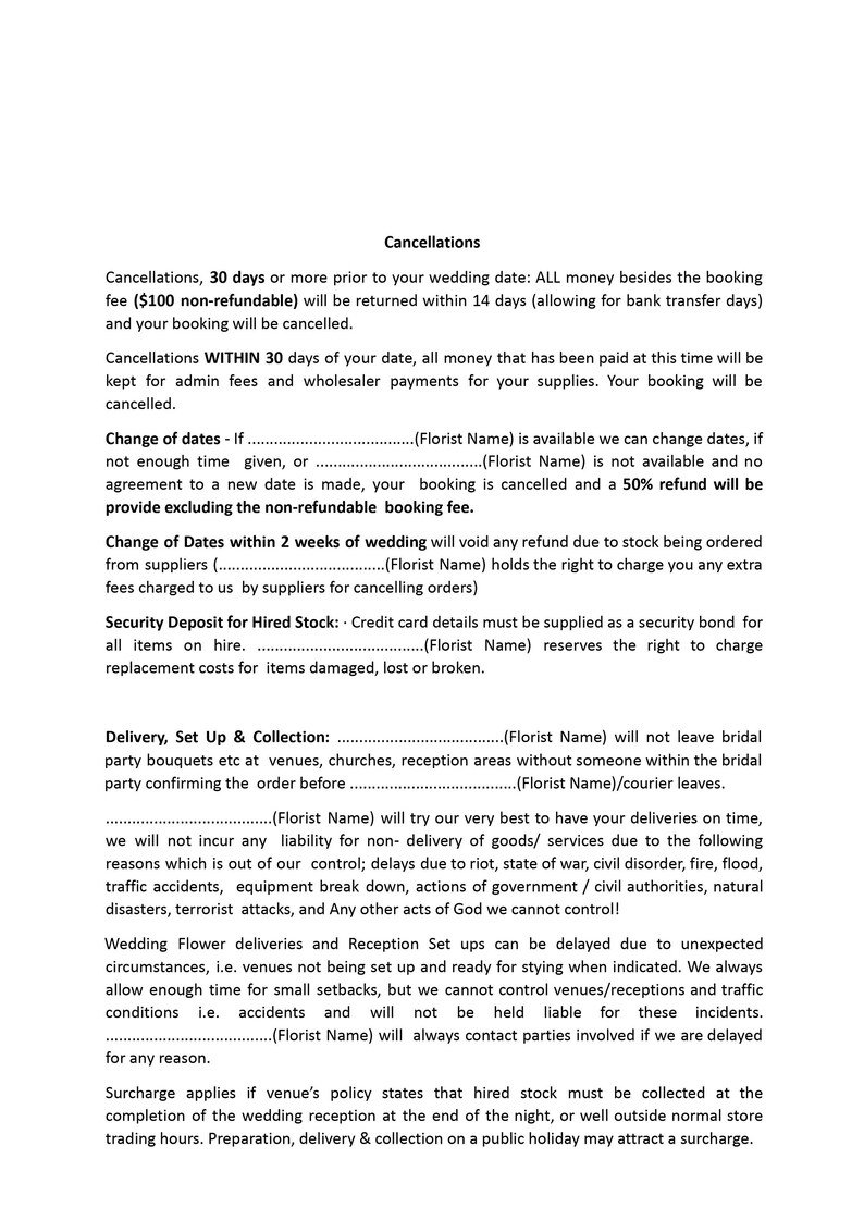 Wedding Floral Contract Template - Venue Florist Arrangement Agreement ...