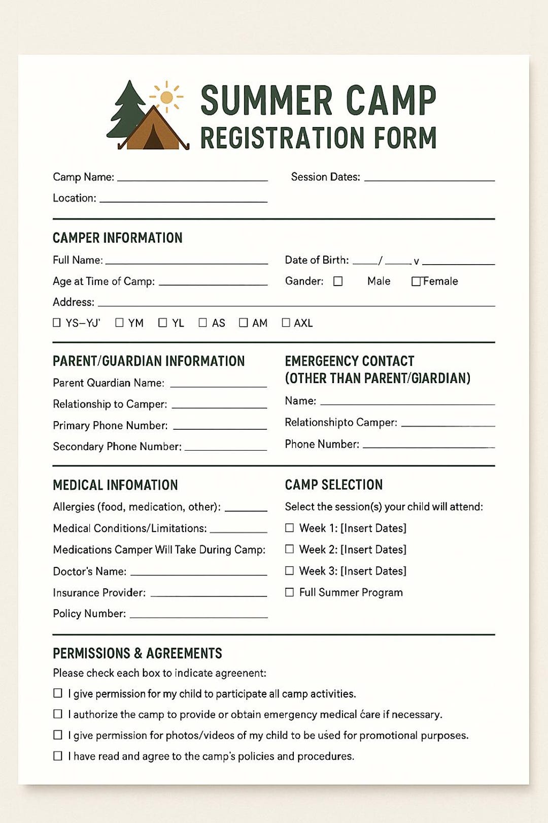 Summer Camp Registration Form Printable - Kids Summer Camp Form Sign up ...