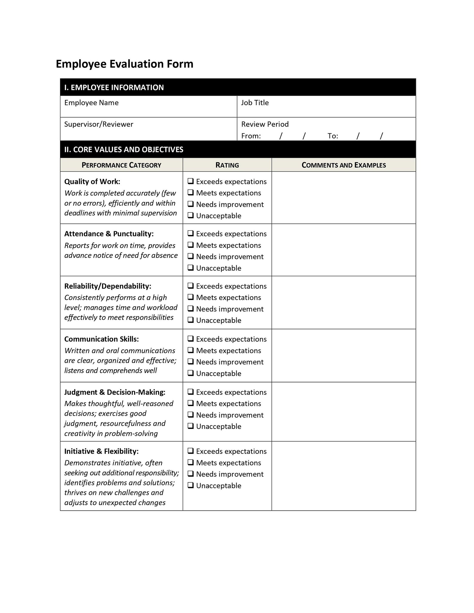 Performance Appraisal Form in Editable PDF Template - Employee ...
