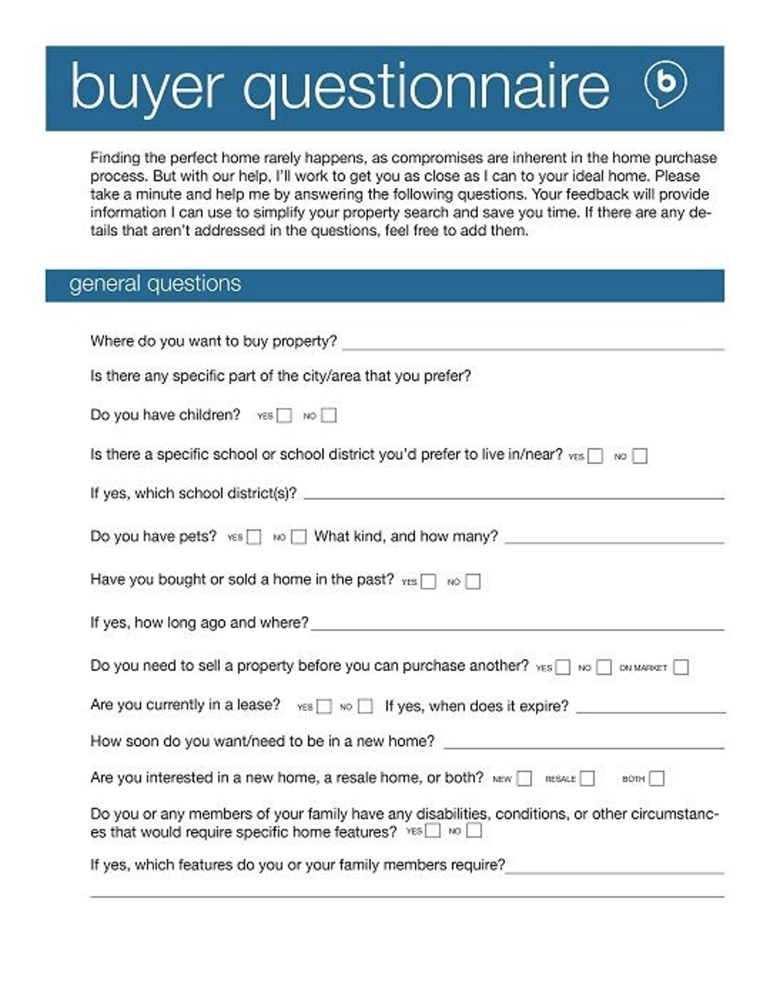 Buyer Questionnaire Real Estate PDF Template - Home Buyer Questionnaire ...
