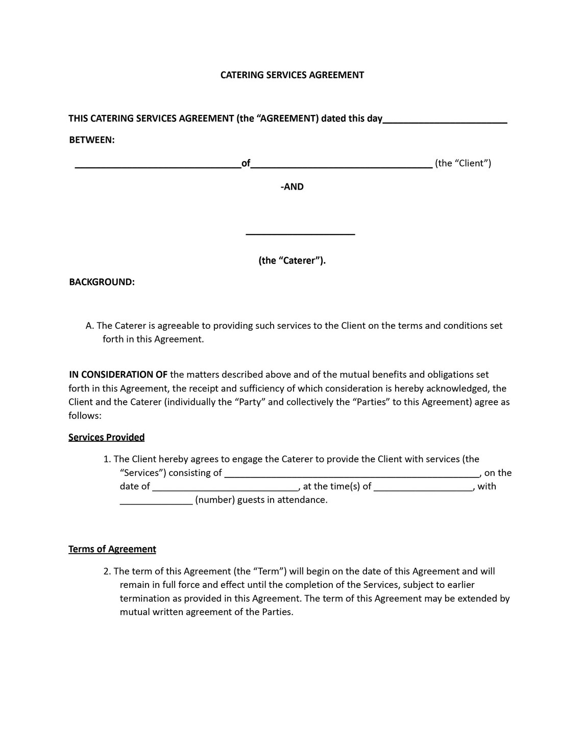 Catering Services Agreement Catering Services Form - Etsy
