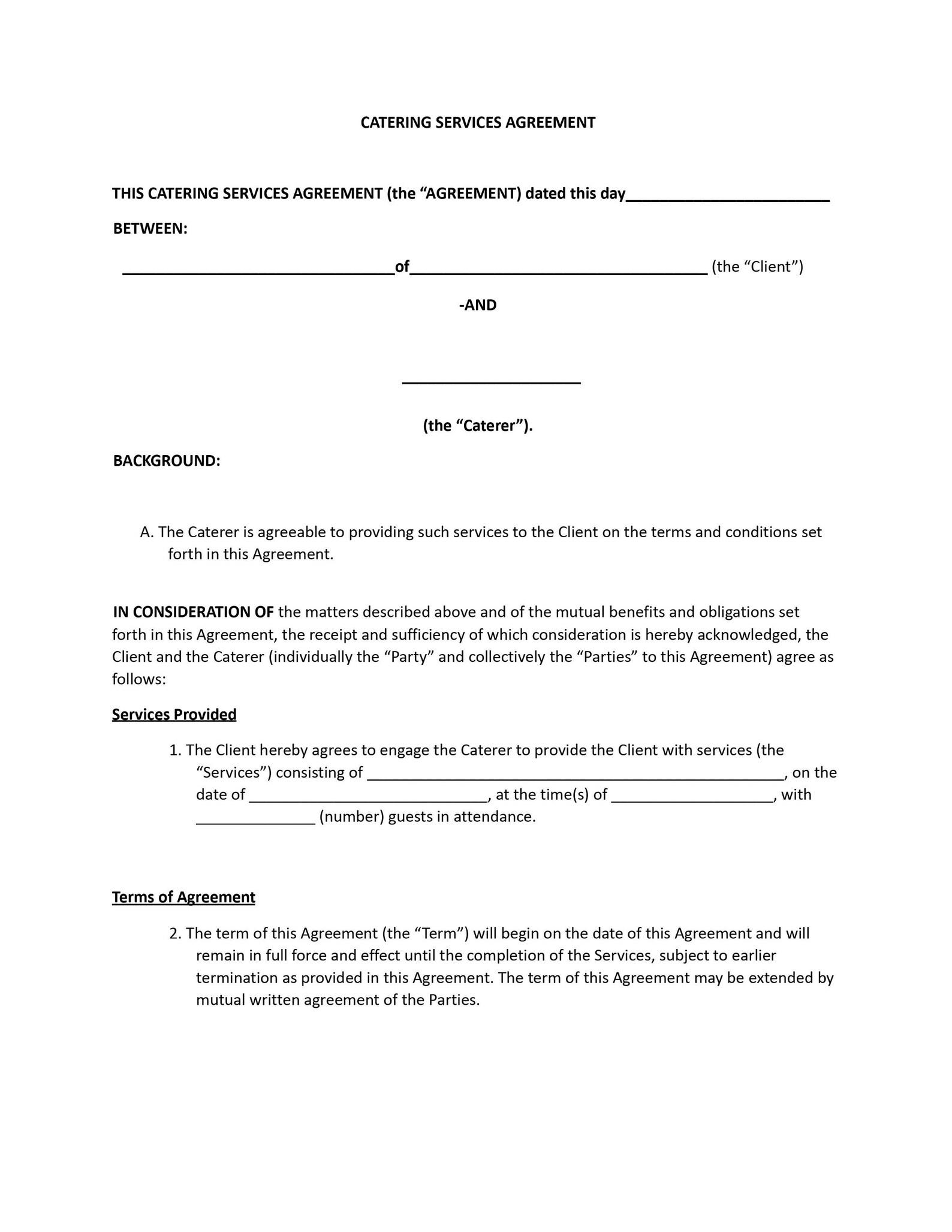 Catering Services Agreement - Catering Services Form - Catering ...