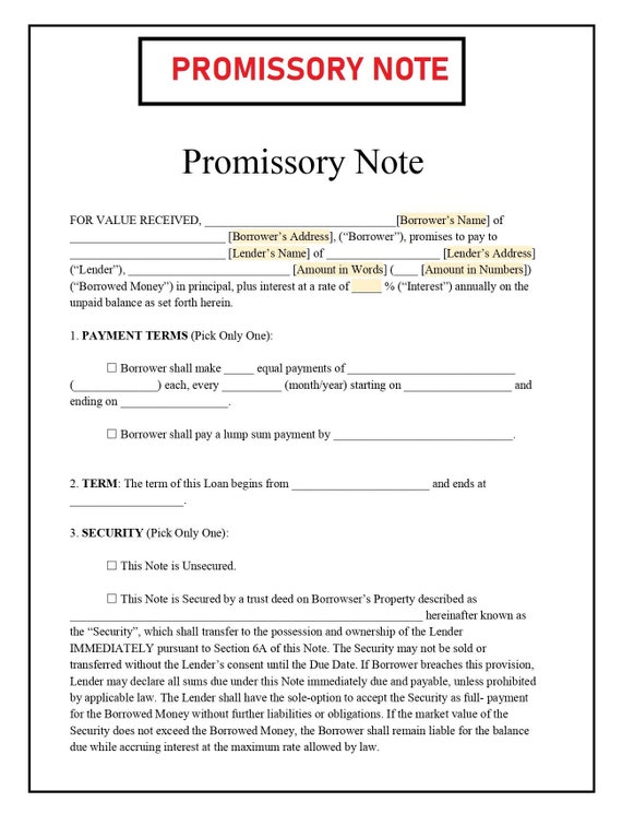 Promissory Note Forms Promissory Note Templates PDF And Etsy UK
