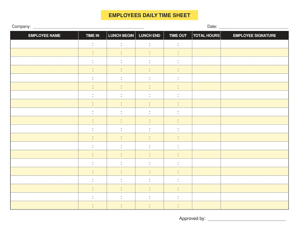 Employee Time Sheet - Daily Timesheet - Time Tracker Card - Time Log ...