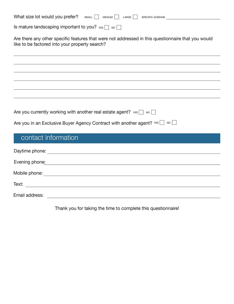 Buyer Questionnaire Real Estate PDF Template - Home Buyer Questionnaire ...