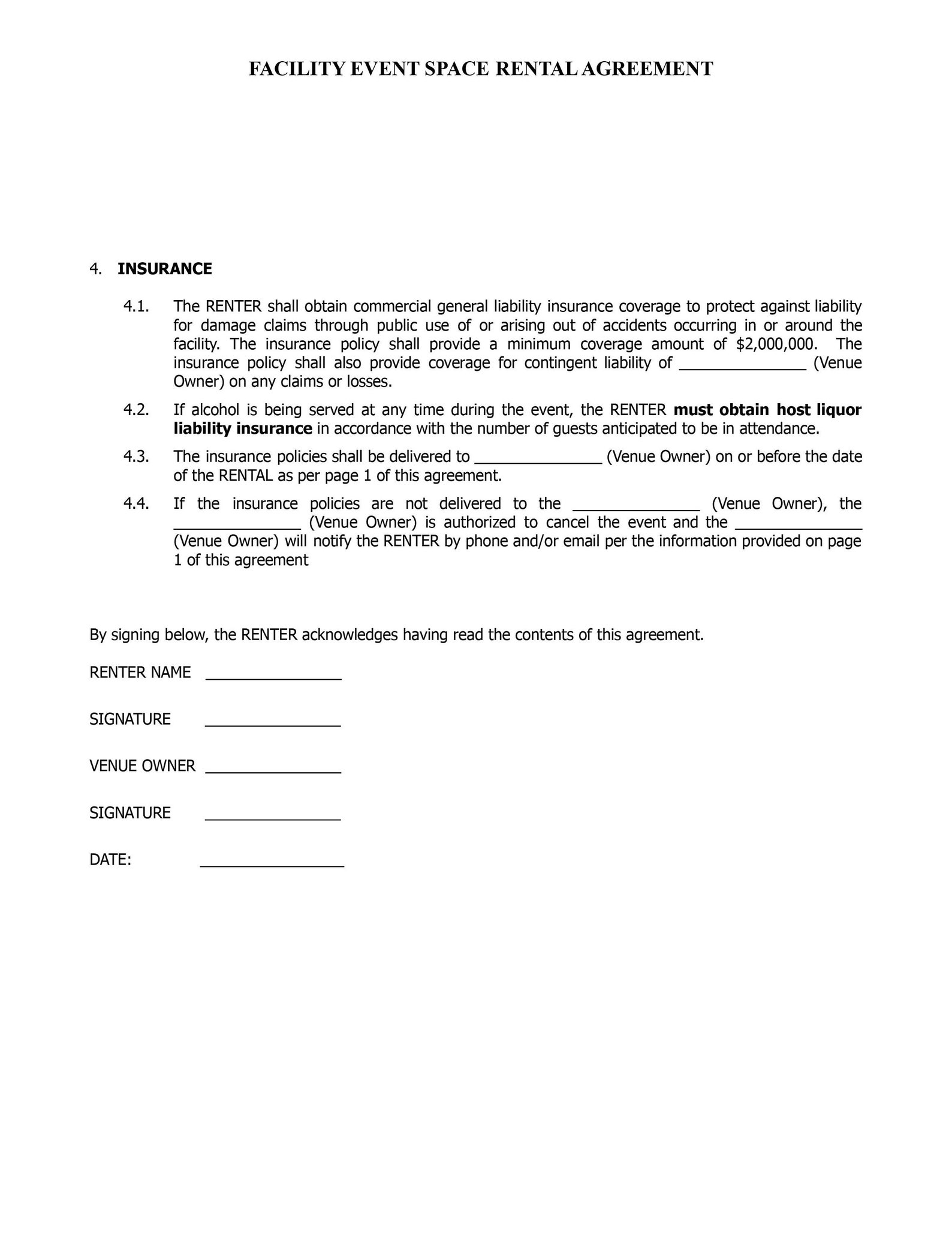 Facility Event Space Rental Agreement - Venue Rental Contract - Event ...