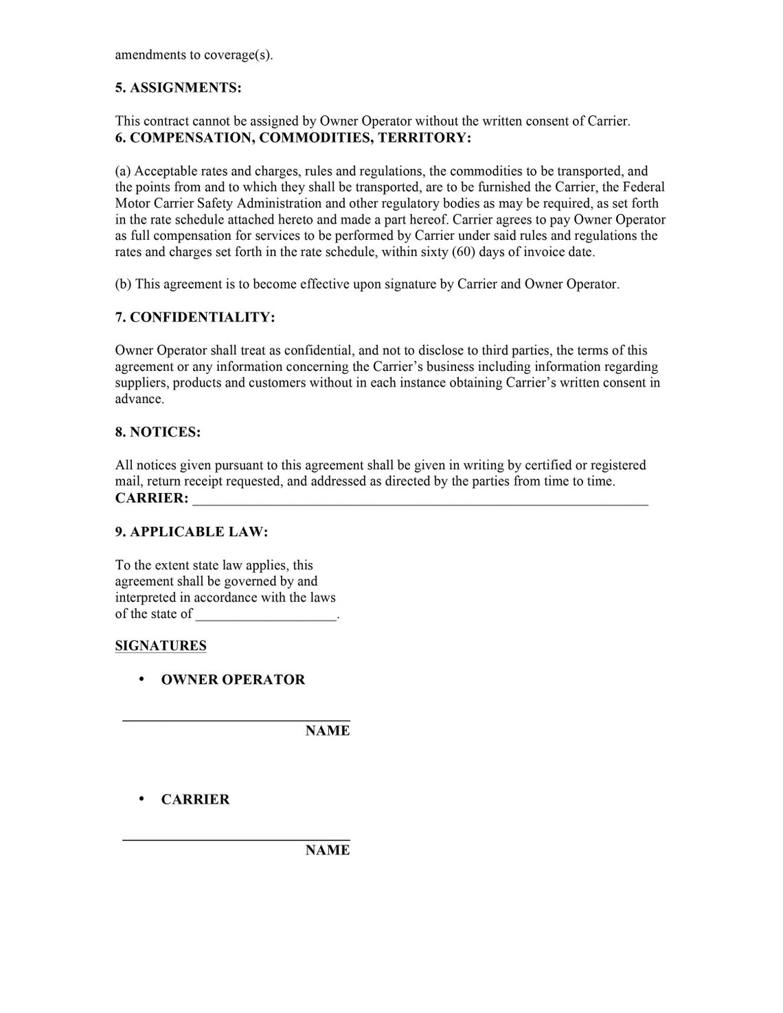 Owner Operator Lease Agreement With Policy Contract - Owner Operator ...