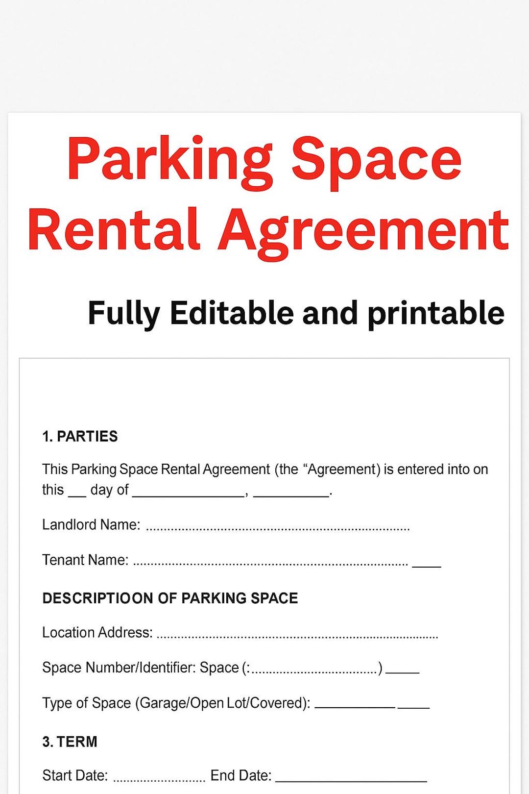 Parking Space Lease Agreement Form - Parking Space Rental Agreement ...
