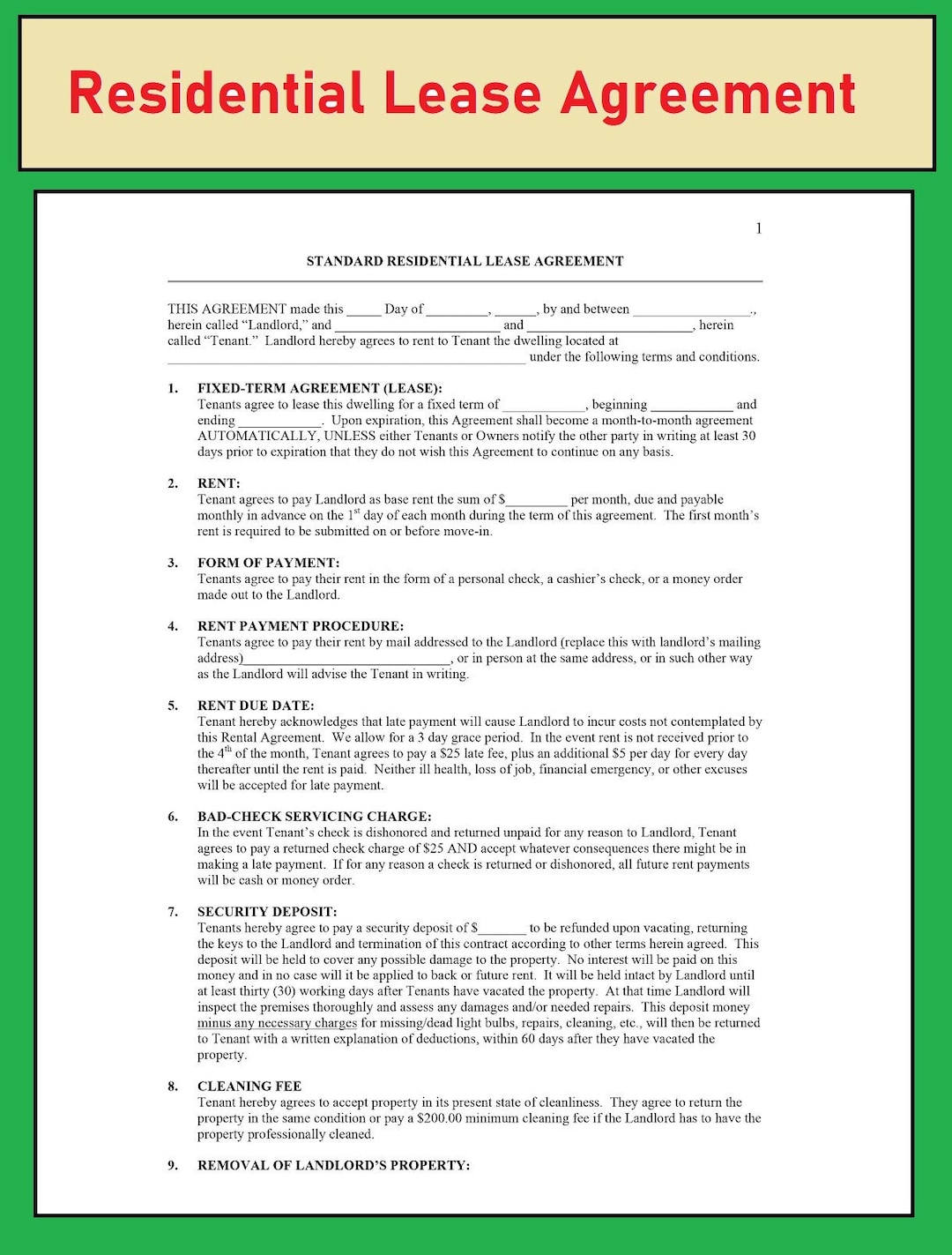 Residential Lease Agreement - Rental Lease Agreement Template ...