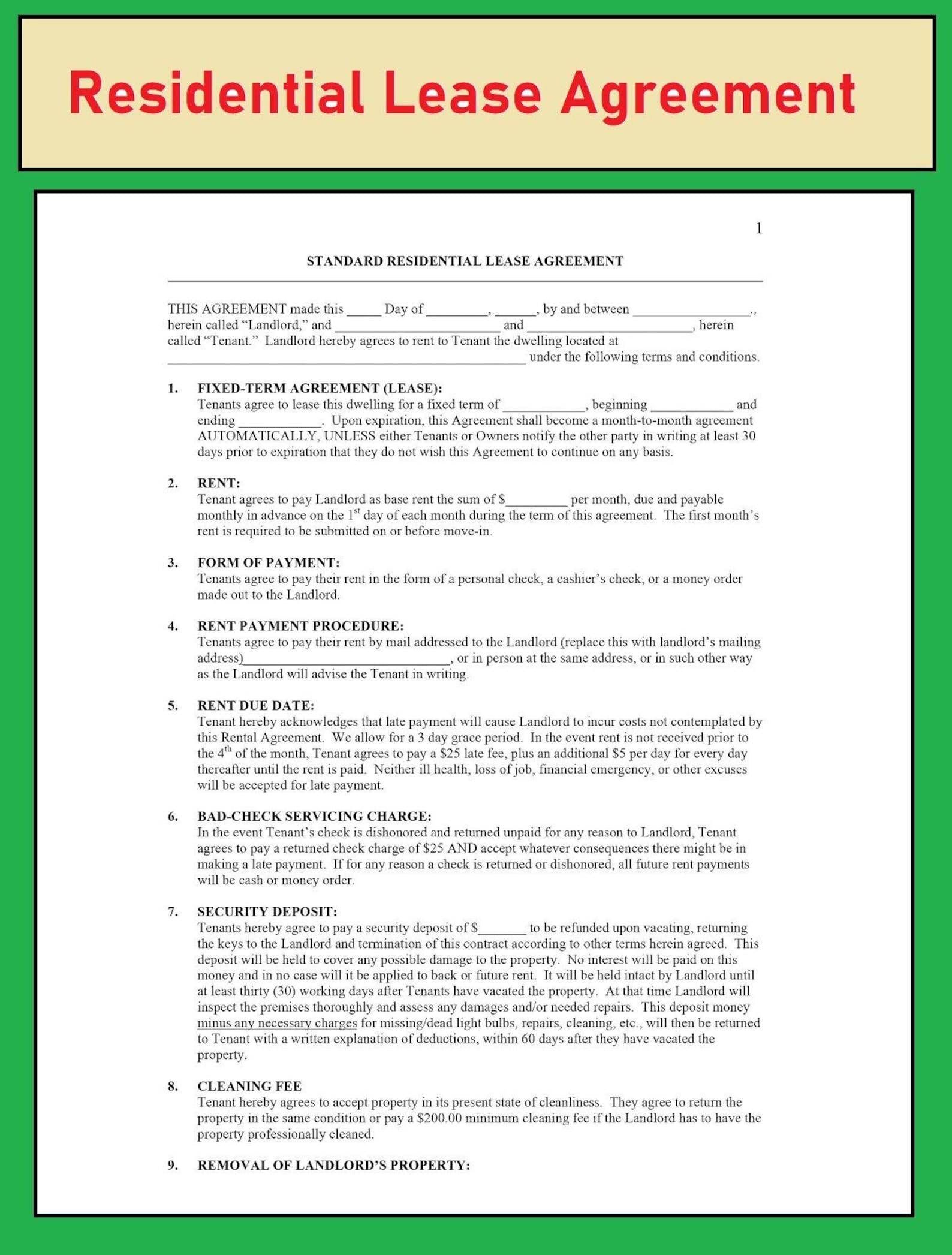 Residential Lease Agreement - Rental Lease Agreement Template ...