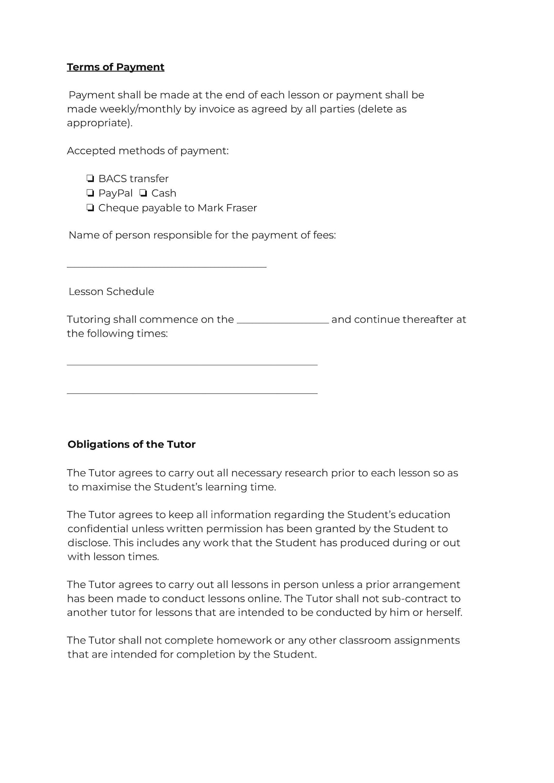 Tutor Contract Tutoring Contract Template Tutoring - Etsy