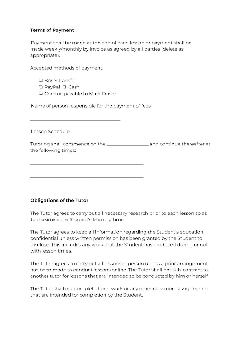 Tutor Contract - Tutoring Contract Template - Tutoring Contract Form ...