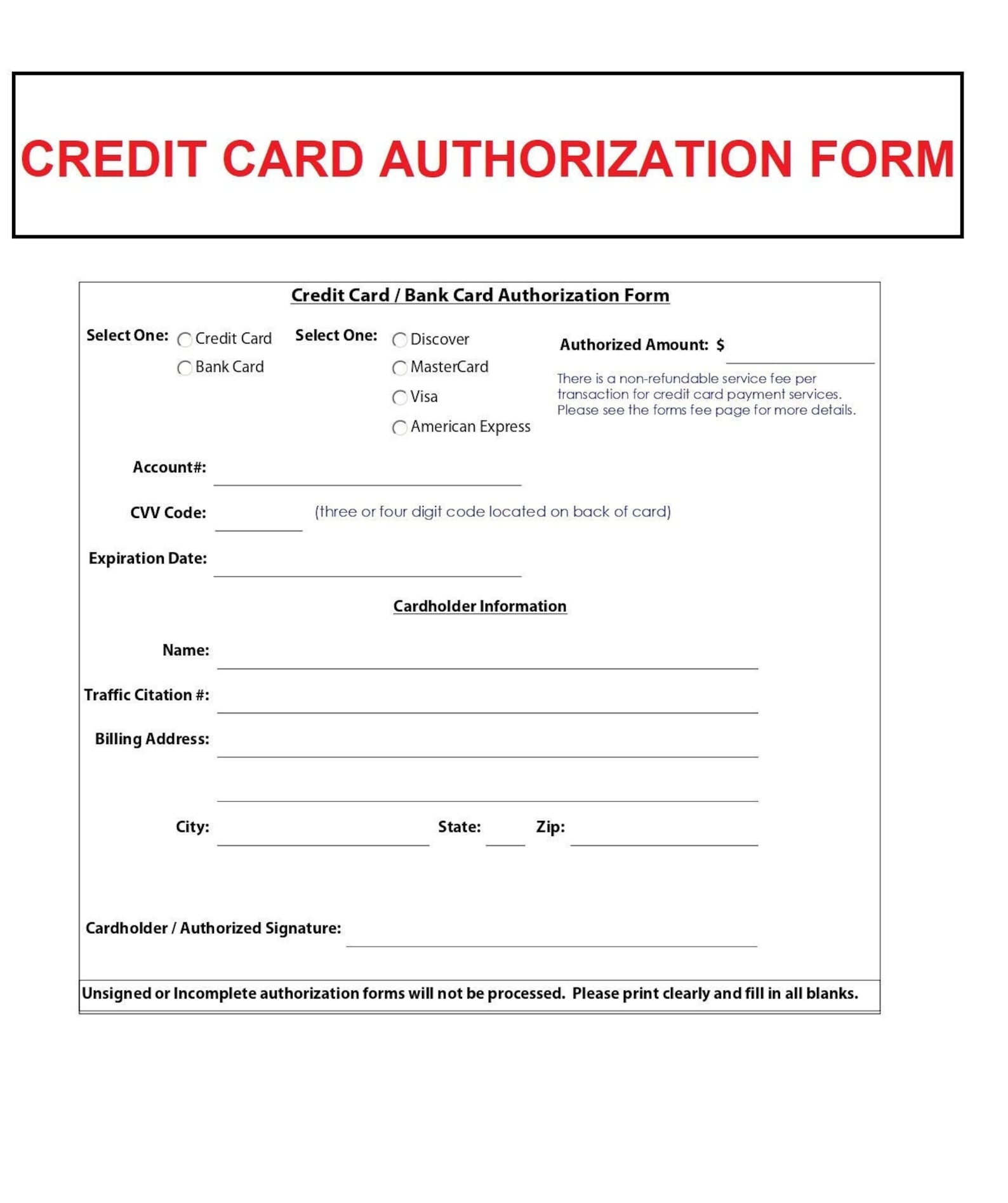 Credit Card Authorization Form - Fillable PDF Format - Etsy