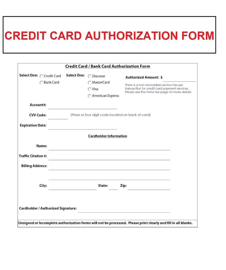 Credit Card Authorization Form - Fillable PDF Format - Etsy