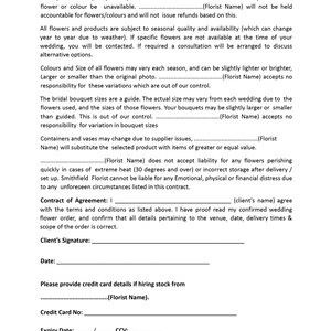 Wedding Floral Contract Template - Venue Florist Arrangement Agreement ...